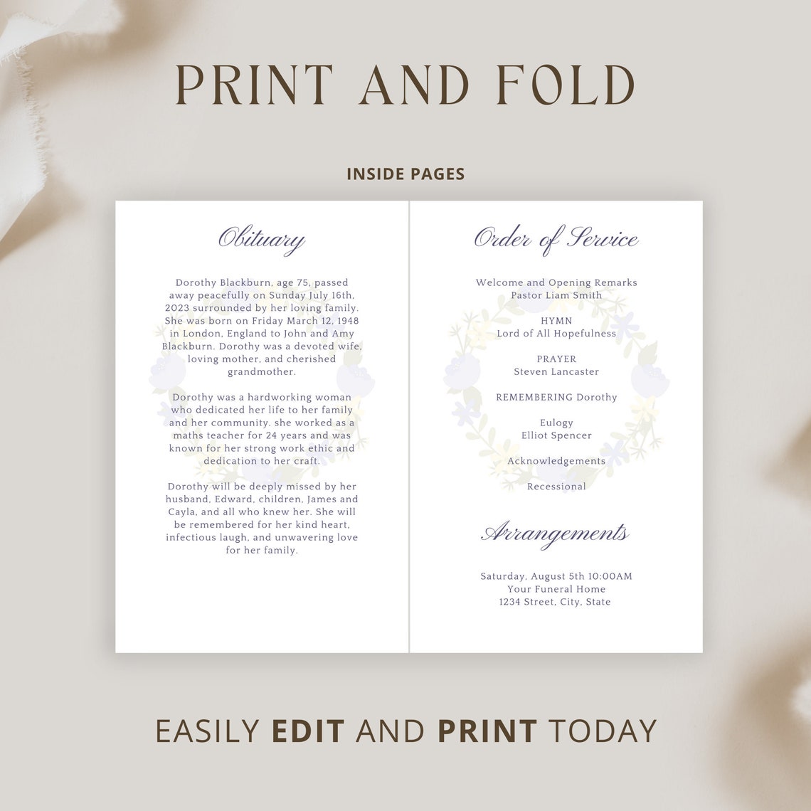 Floral Funeral Program Template for Woman, Funeral Service Booklet ...