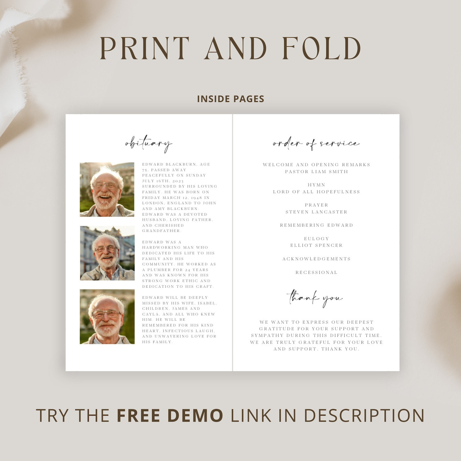 Funeral Program Template, Minimal Obituary Template, Editable Funeral ...
