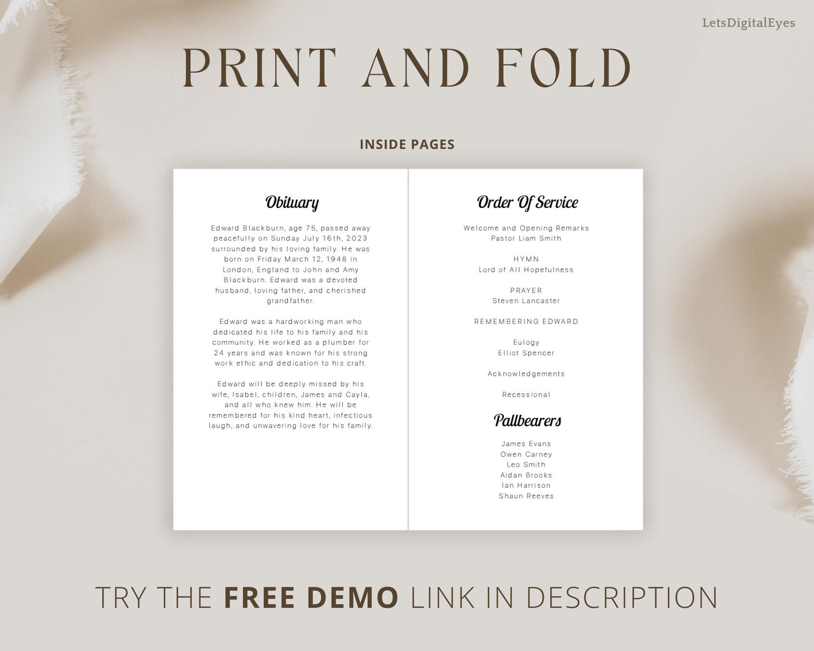 Basic Funeral Program Template Simple Memorial Service - Etsy