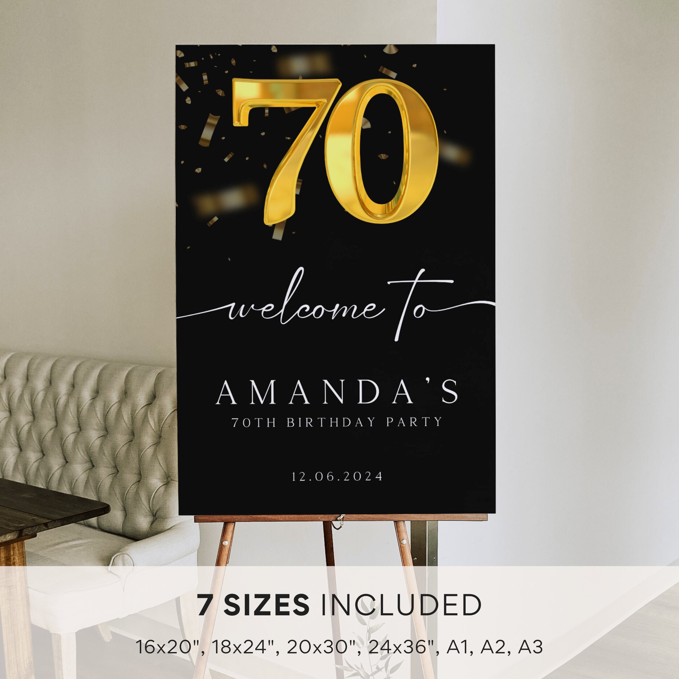 Gold 70th Birthday Welcome Sign, Modern Poster, Black and Gold Birthday ...
