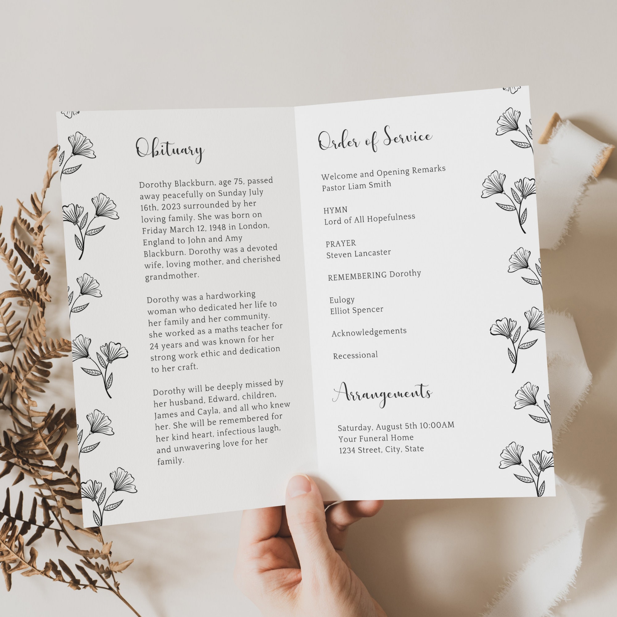 Minimal Funeral Program Template, Elegant Memorial Program, Modern ...