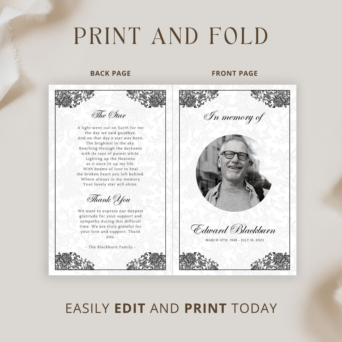 Funeral Order of Service Template, Funeral Program Template, Memorial ...