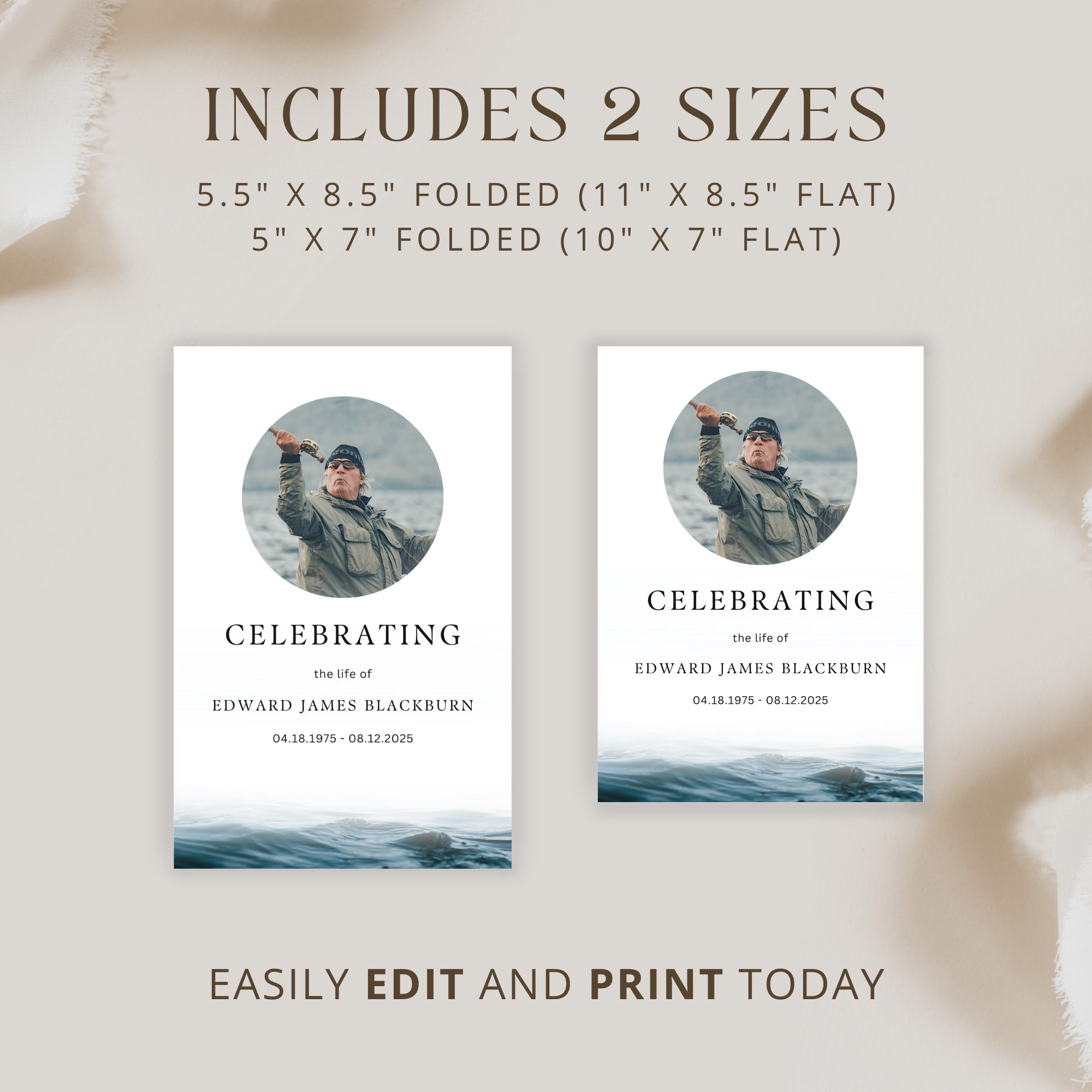 Fishing Funeral Program Template for Man, Blue Obituary Template ...