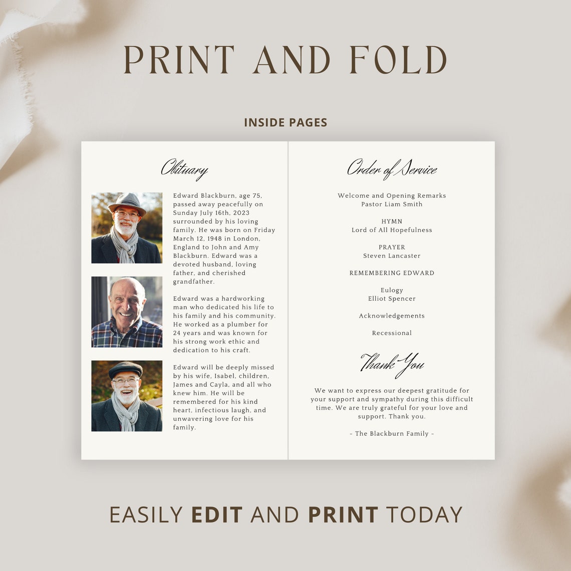Minimal Funeral Program Template for Man, Personalized Memorial Program ...