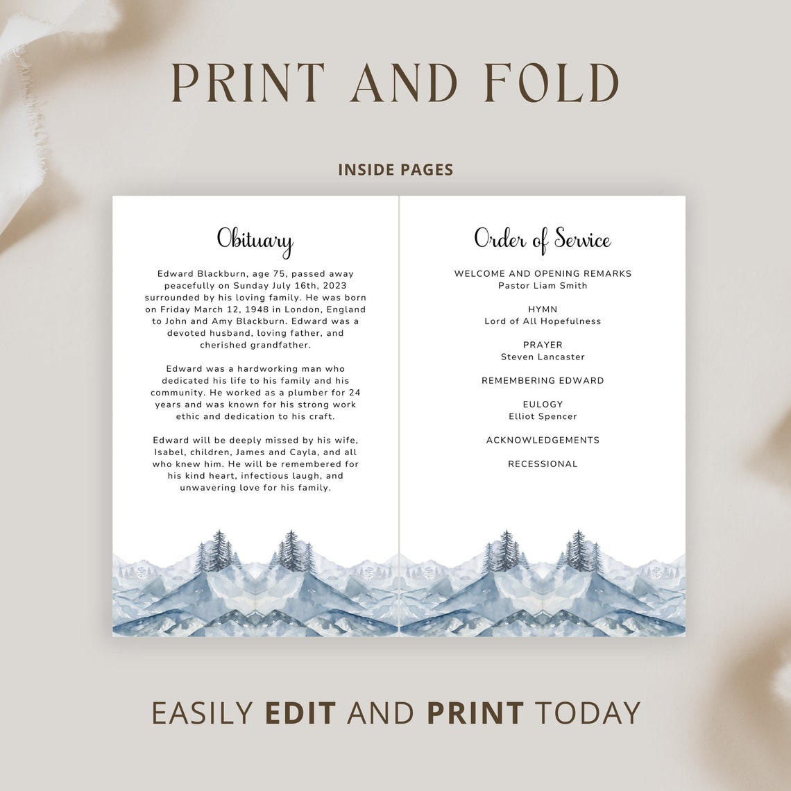 Funeral Program for Man, Obituary Template, Rustic, Outdoors, Mountain ...