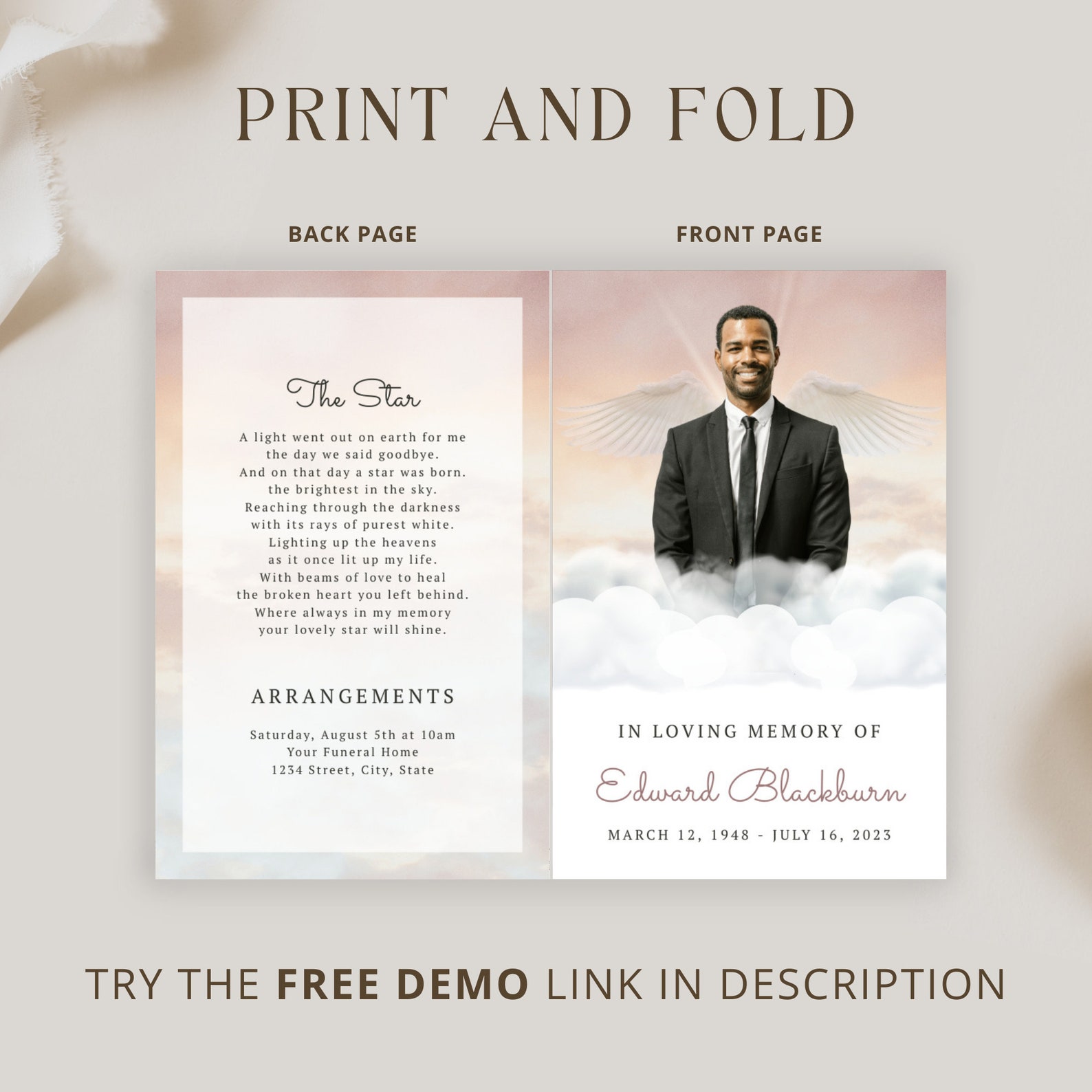 Editable Funeral Program Template, Bifold Memorial Service, Obituary ...