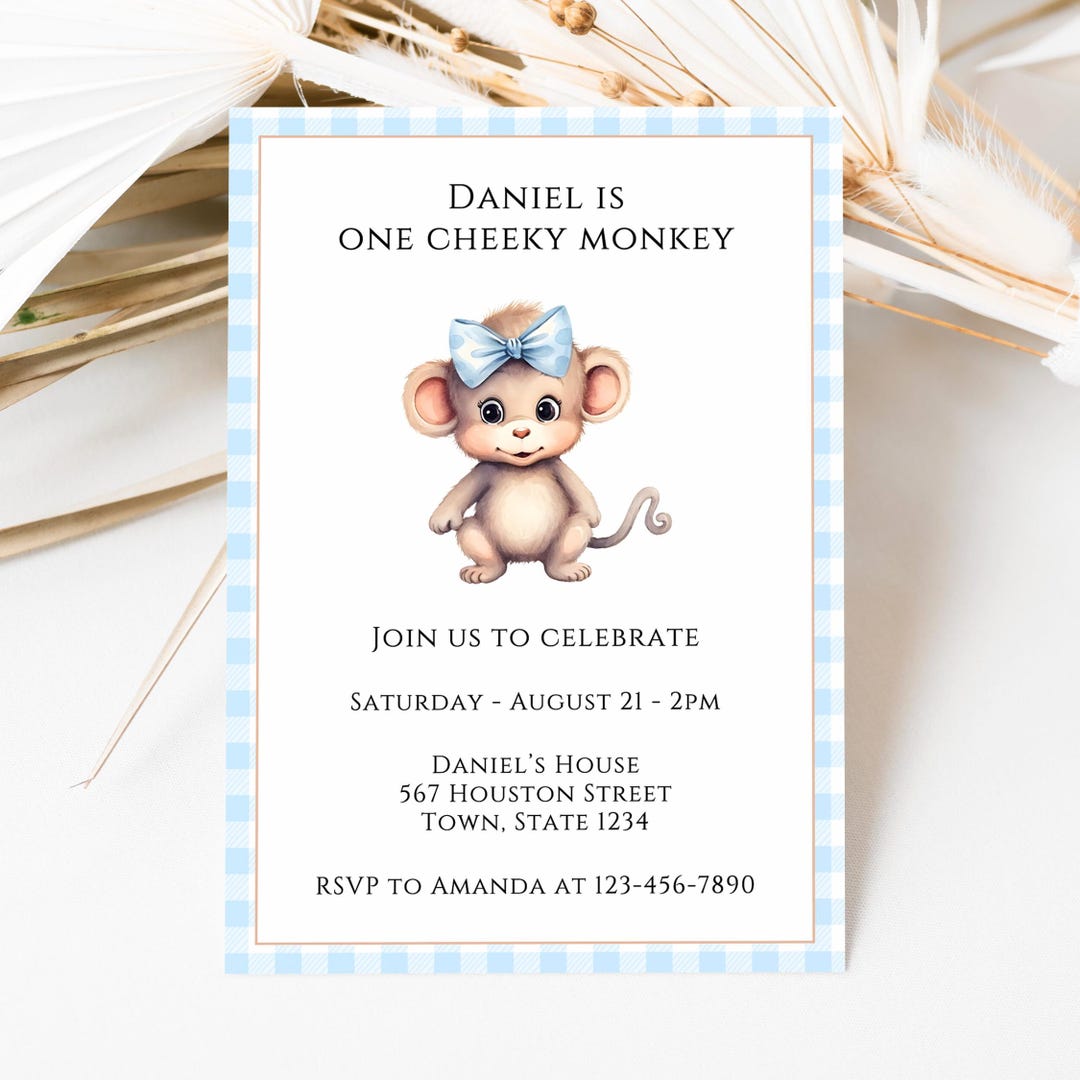 Cheeky Monkey Birthday Invitation Template, Editable First Birthday ...
