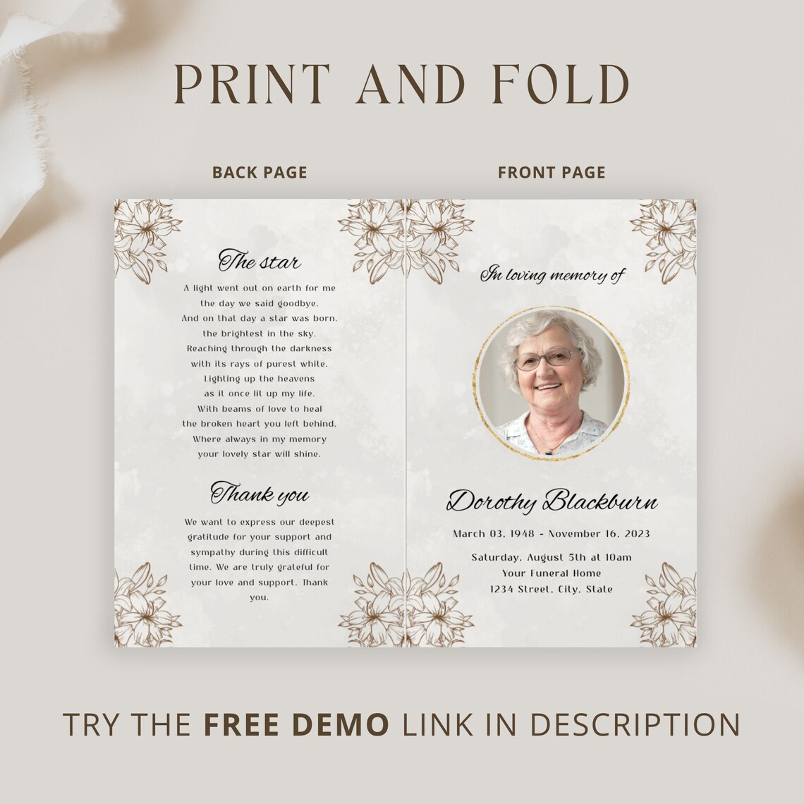 Floral Funeral Program Template Memorial Brochure Editable Funeral ...