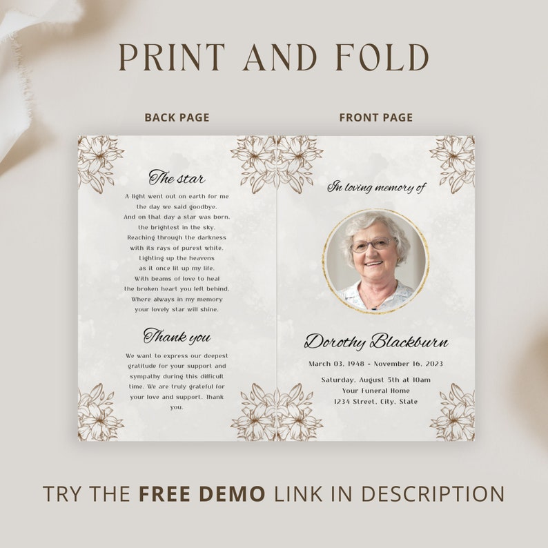Floral Funeral Program Template Memorial Brochure Editable Funeral ...