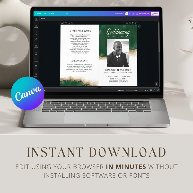 Emerald Funeral Program Template for Man Green Order of - Etsy