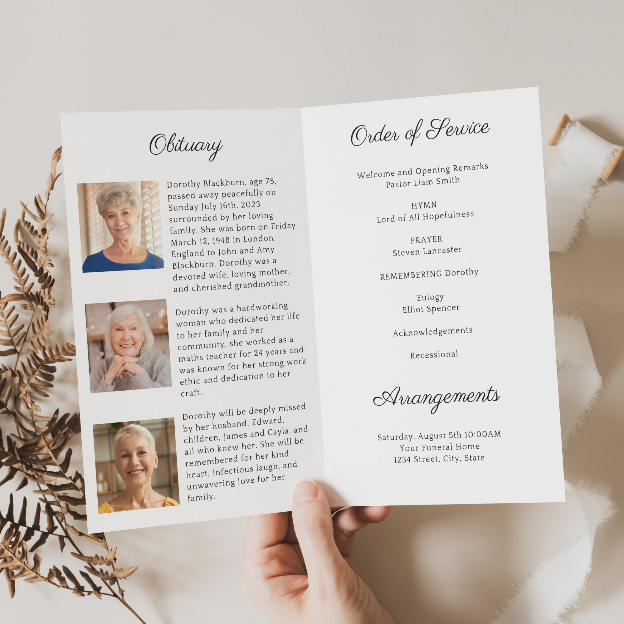 Funeral Program Template for Woman, Obituary Template, Funeral Heart ...