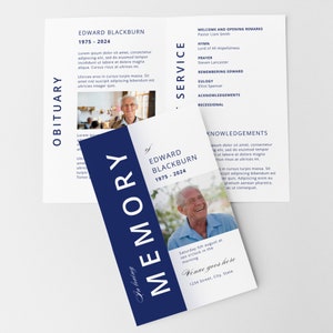 Blue Funeral Program for Man, Editable Obituary Template, Memorial ...