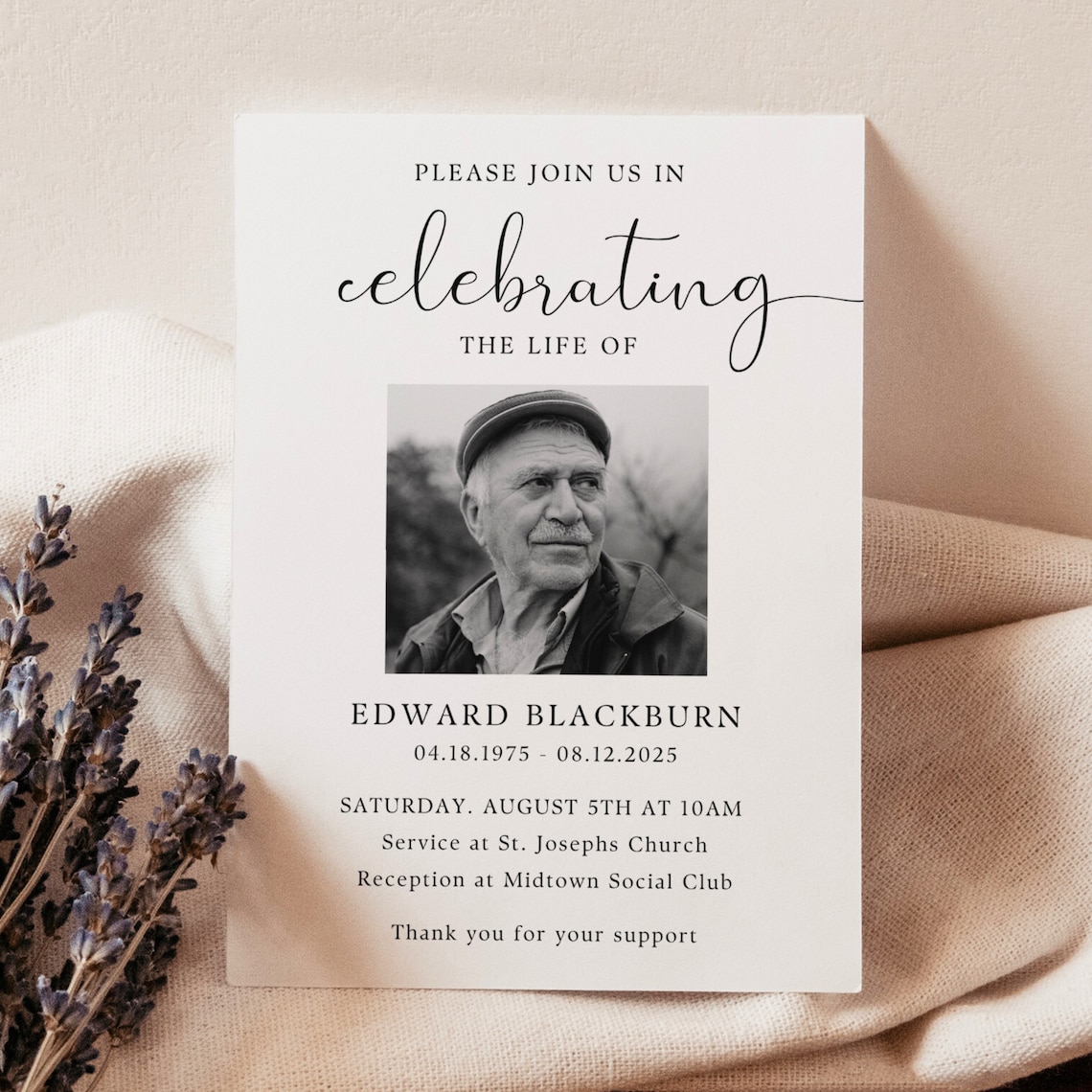 Minimal Funeral Invitation Card, Editable Memorial Announcement ...