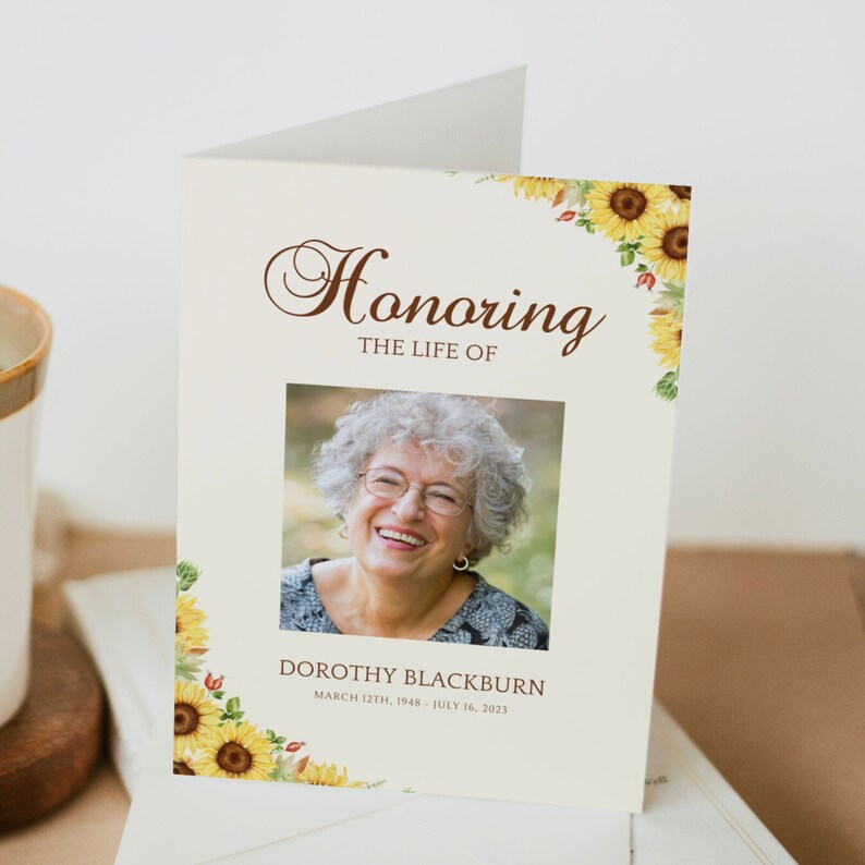 Sunflower Funeral Program Template for Woman, Floral Obituary Template ...