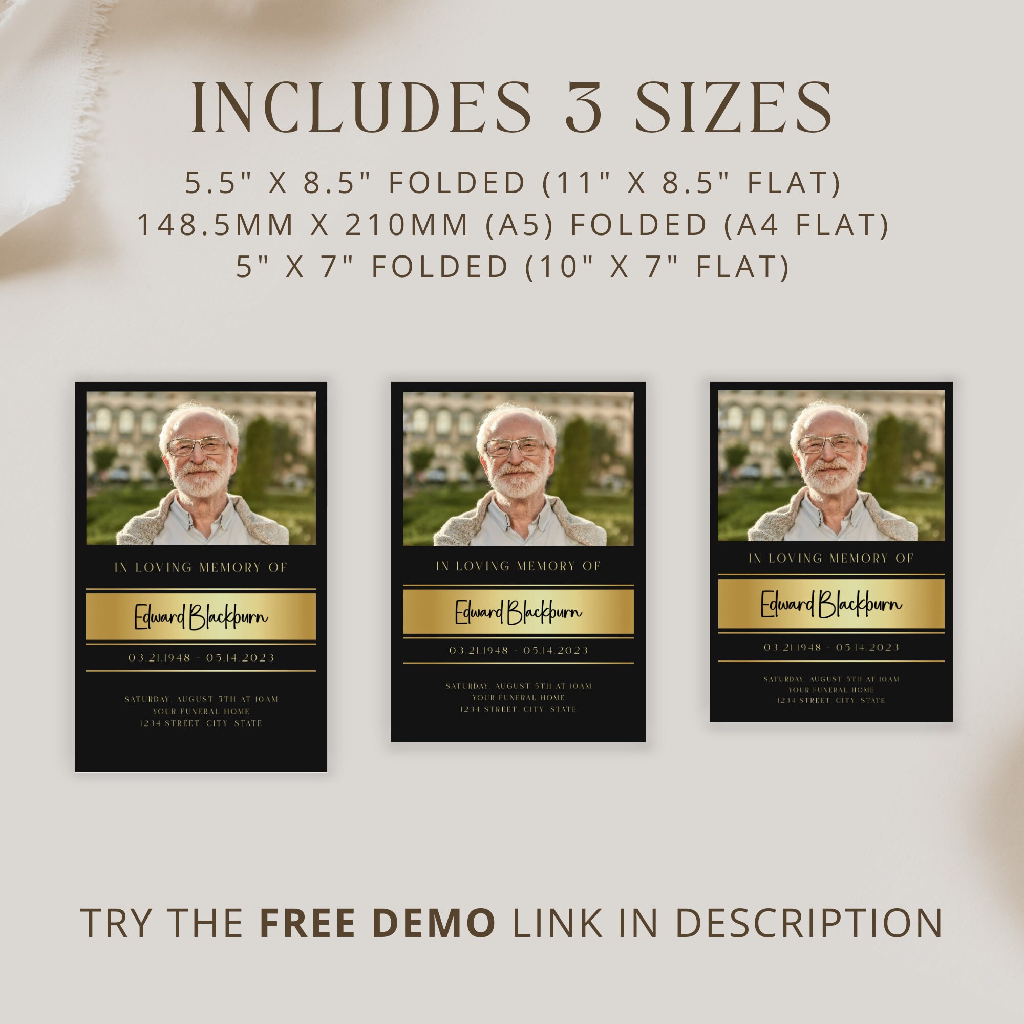Luxury Funeral Program Template for Man, Black Gold Obituary Template ...