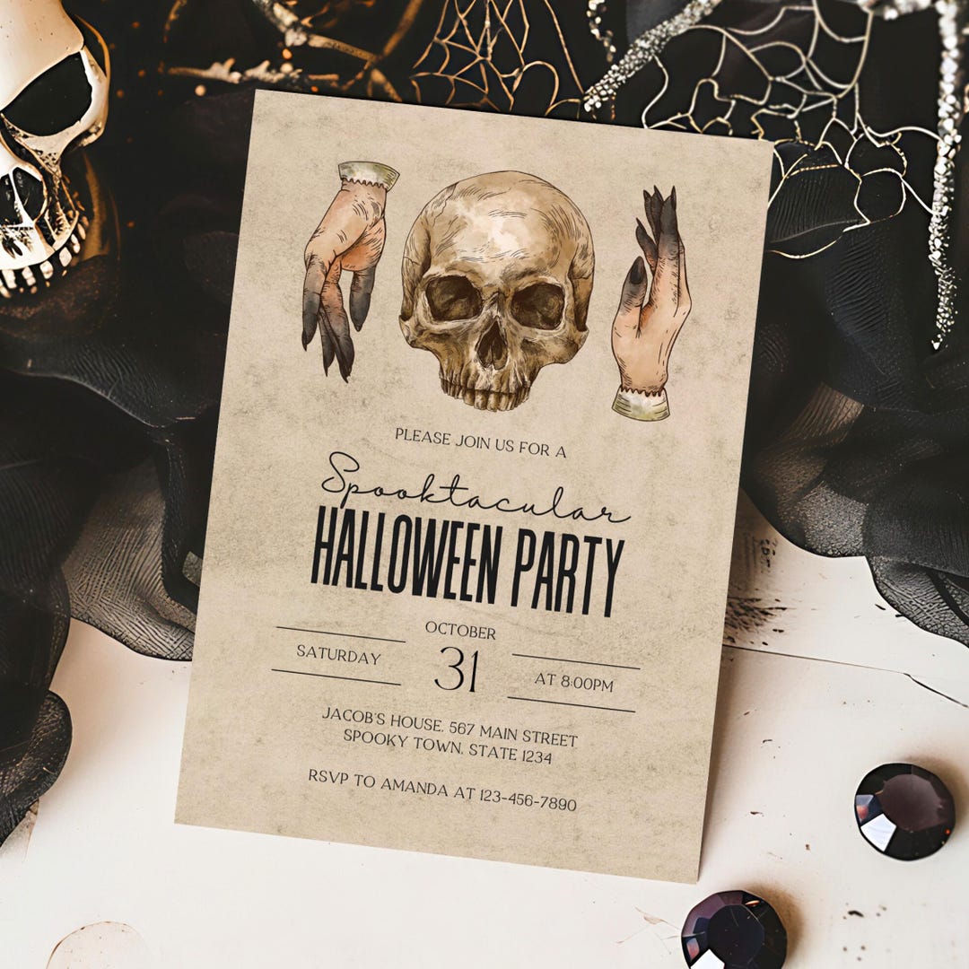 Skull Halloween Invitation Template, Gothic Halloween Party Invite ...