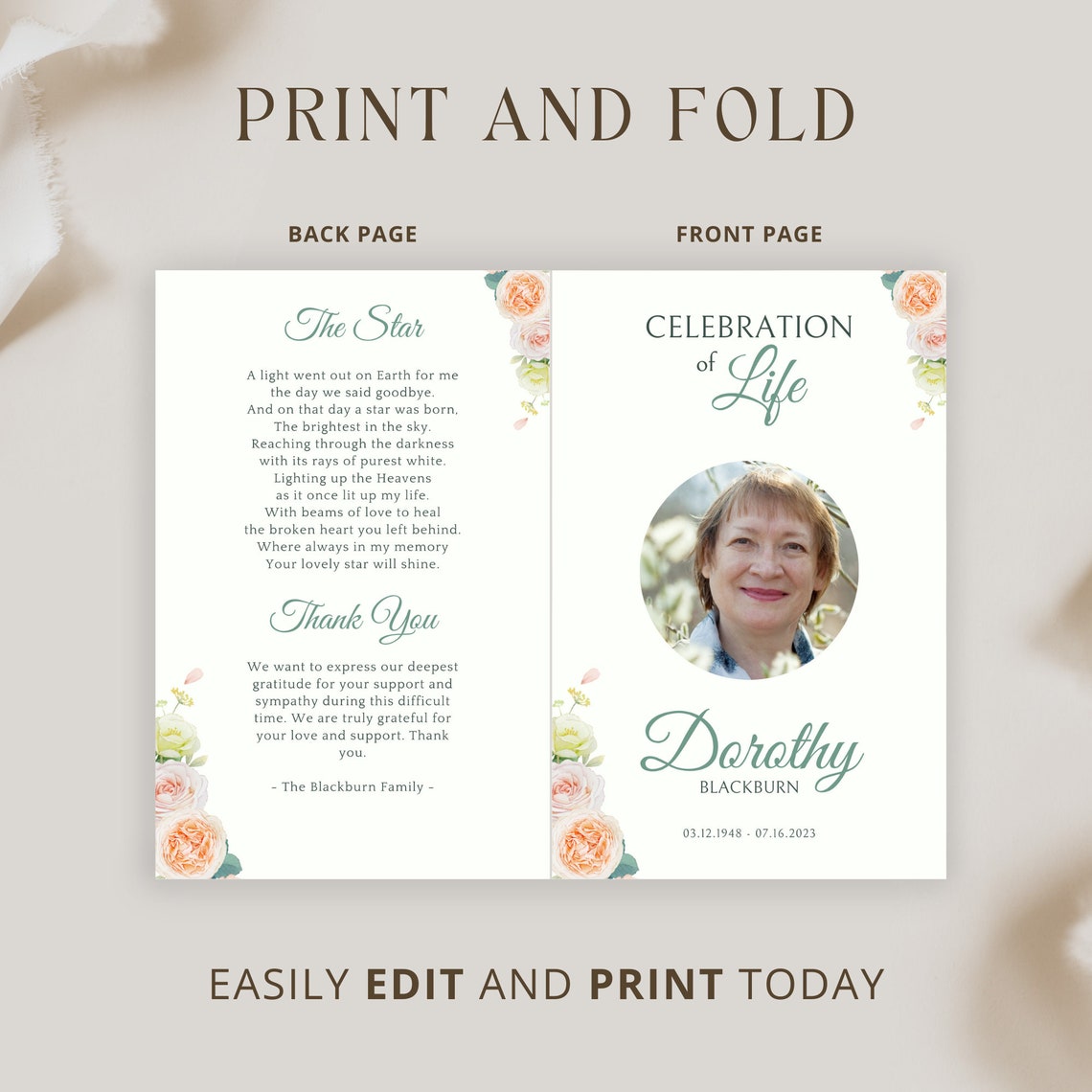 Floral Funeral Program Template, Elegant Funeral Program for Woman ...