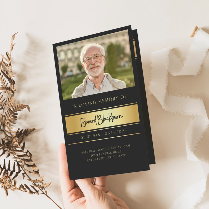 Luxury Funeral Program Template for Man, Black Gold Obituary Template ...