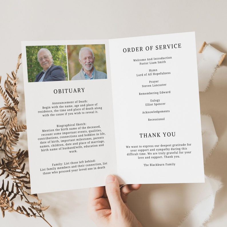 Funeral Program Template for Man, Minimal Obituary, Celebration of Life ...