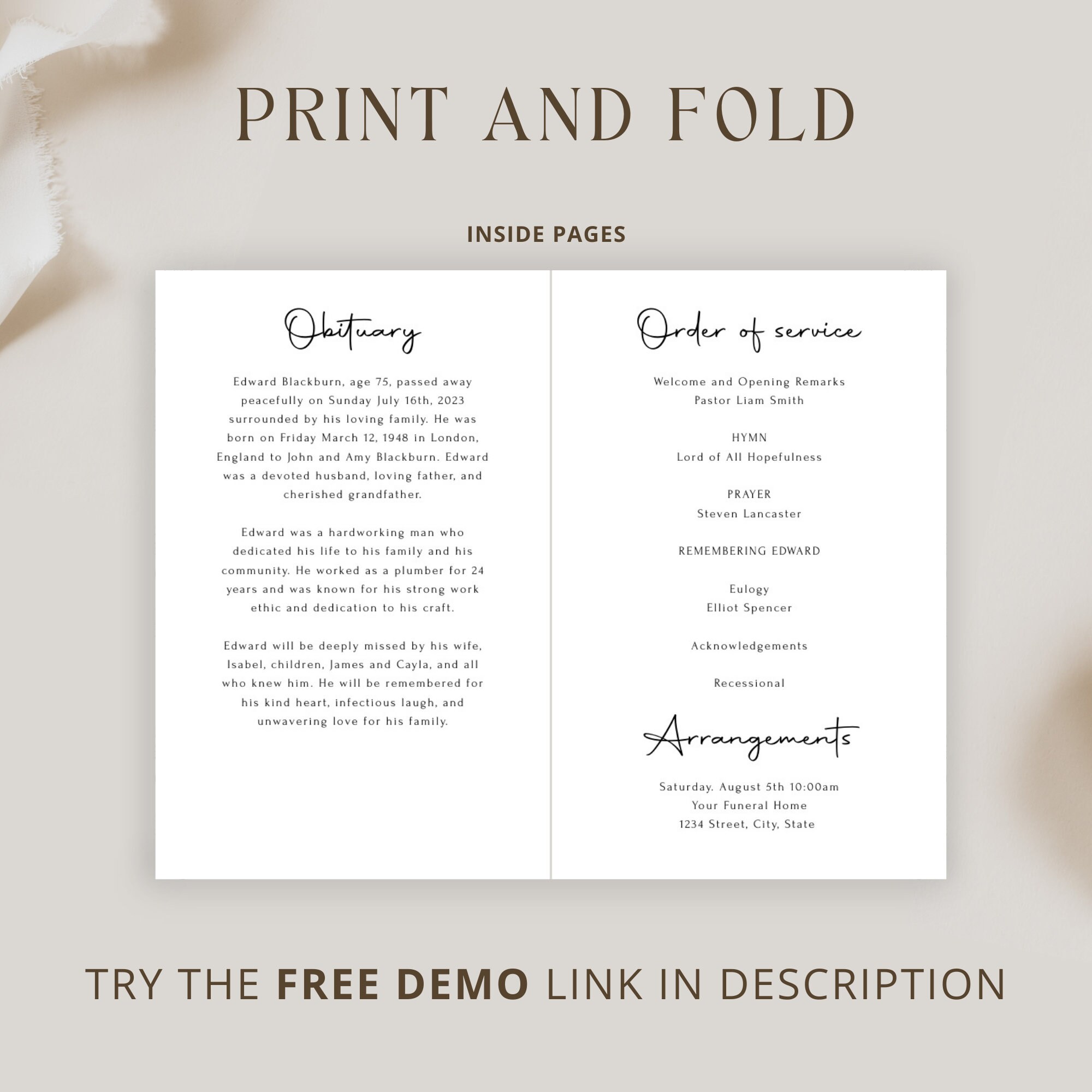 Minimal Funeral Program Template, Order of Service, Elegant Memorial ...