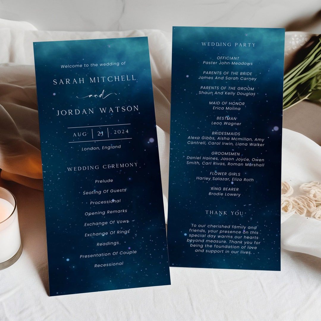 Celestial Wedding Program, Starry Night Itinerary, Cosmic Timeline ...