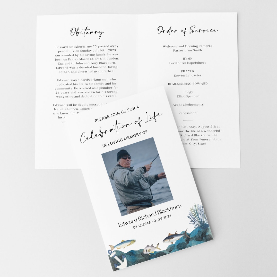 Fishing Funeral Program Template for Man, Memorial Service Brochure ...