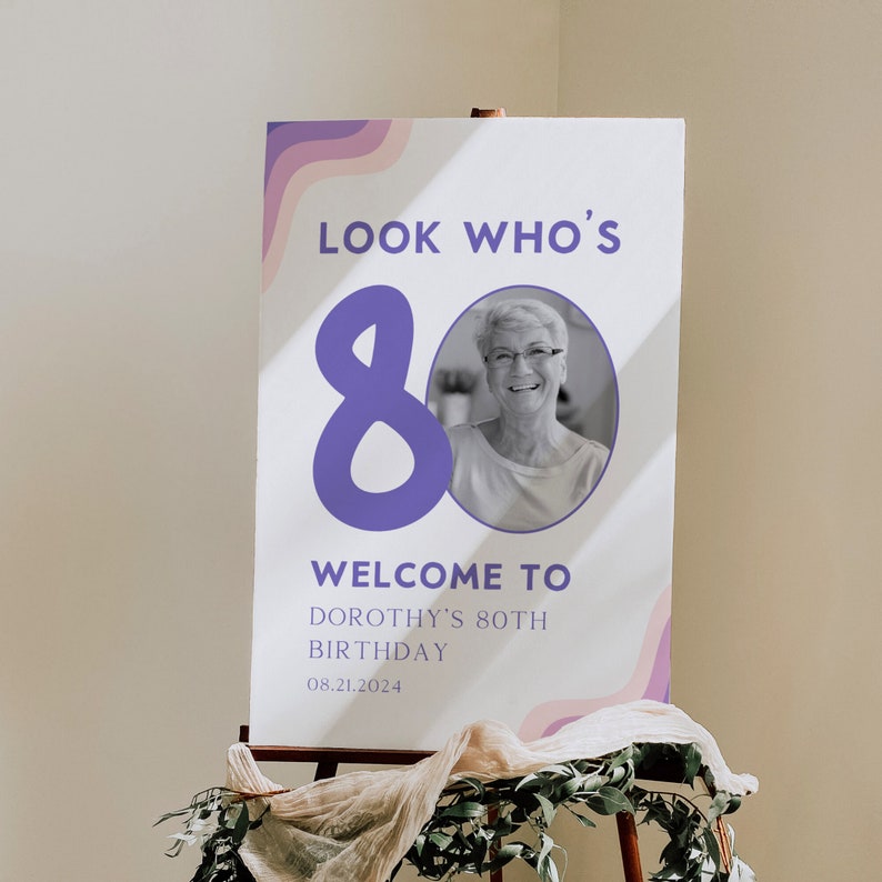 Wavy 80th Birthday Photo Sign for Woman, Look Who's 80, Curvy Welcome ...