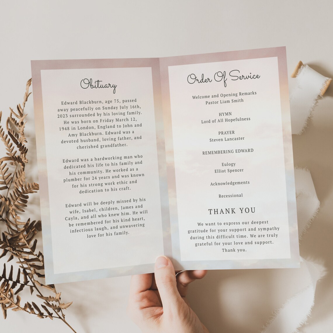 Editable Funeral Program Template, Bifold Memorial Service, Obituary ...