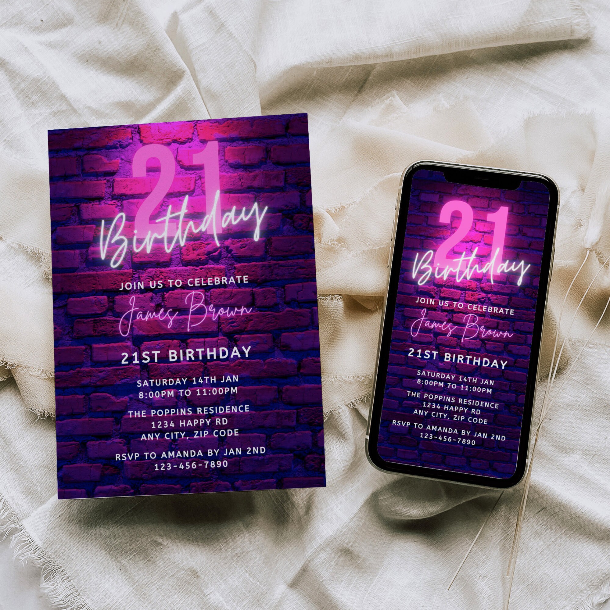 Neon Pink 21st Birthday Invitation, Purple Glow, Unique Party Invite ...