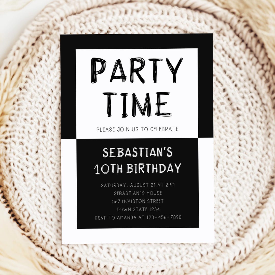 Minimal Birthday Party Invitation Template, Black and White Invite ...