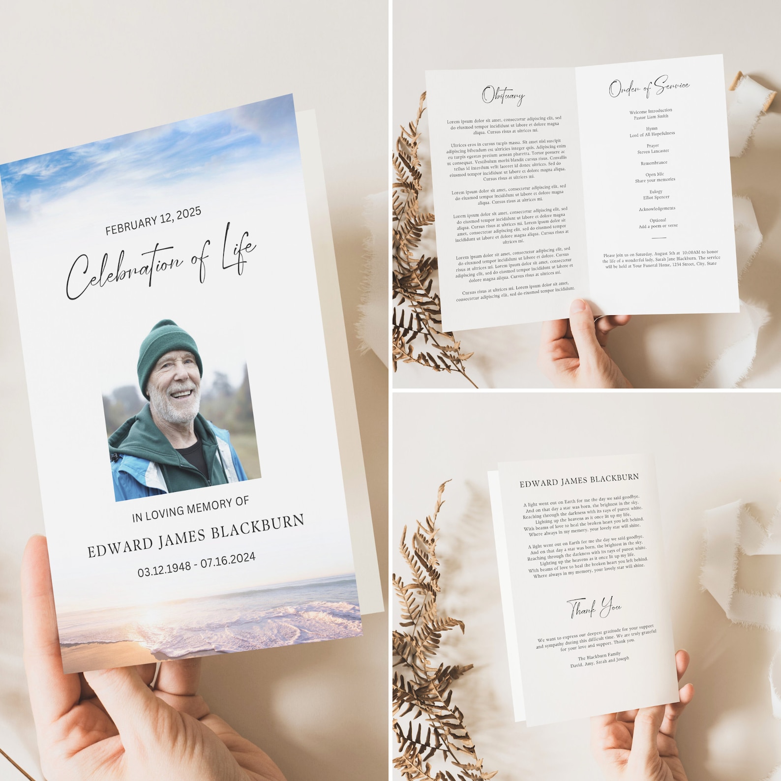 Outdoor Funeral Program Template, Beach Sky, Celebration of Life ...