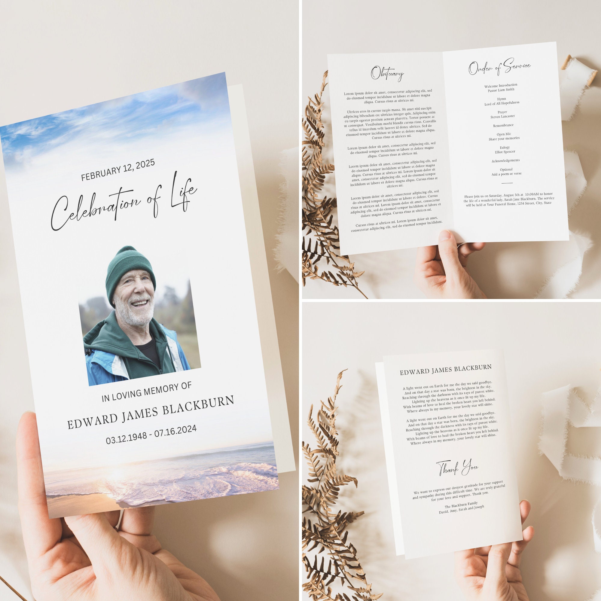 Outdoor Funeral Program Template, Beach Sky, Celebration of Life ...