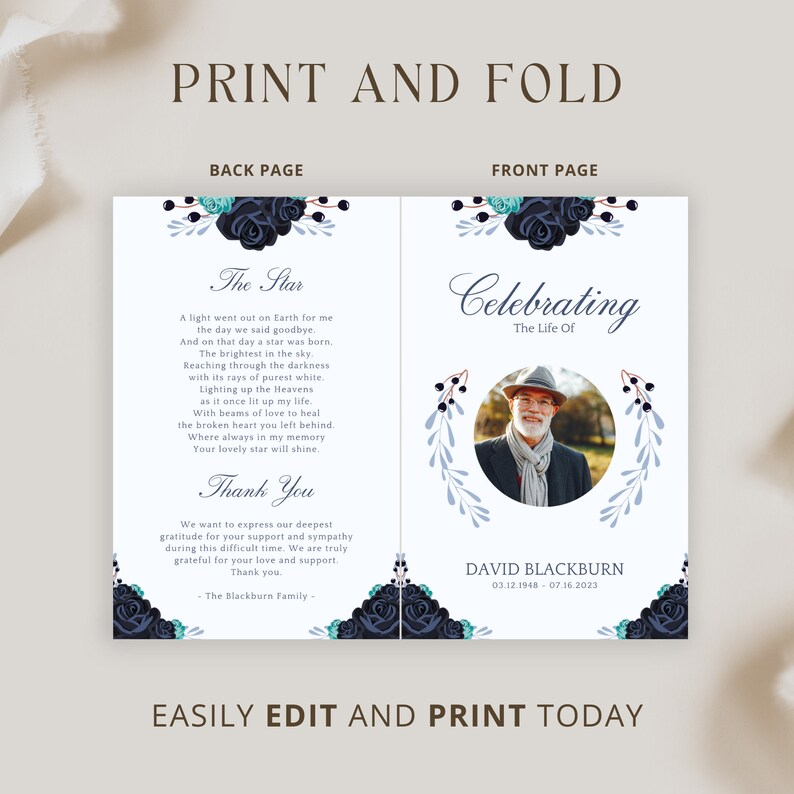 Funeral Program Template for Man, Funeral Pamphlet, Memorial Service ...