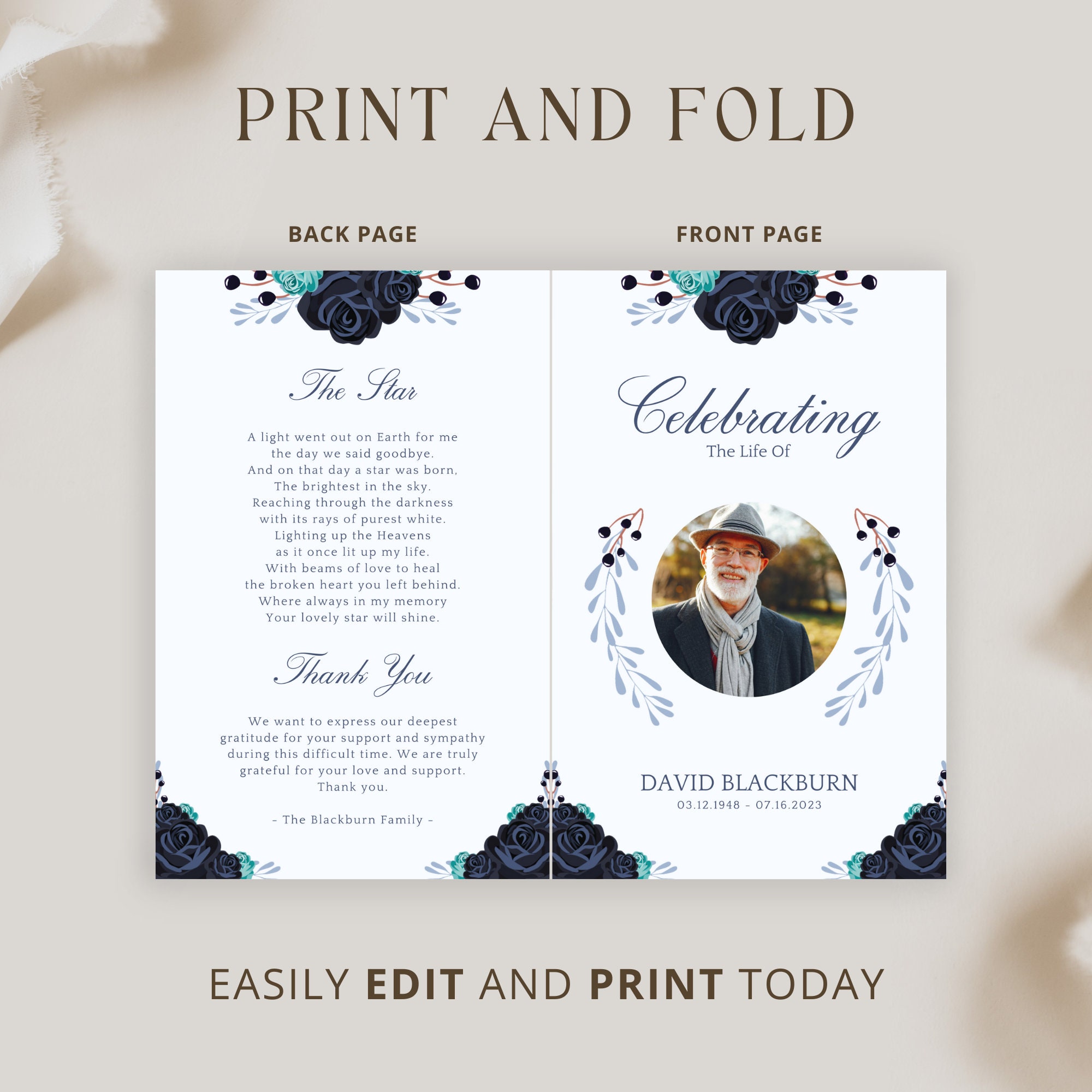 Funeral Program Template for Man, Funeral Pamphlet, Memorial Service ...