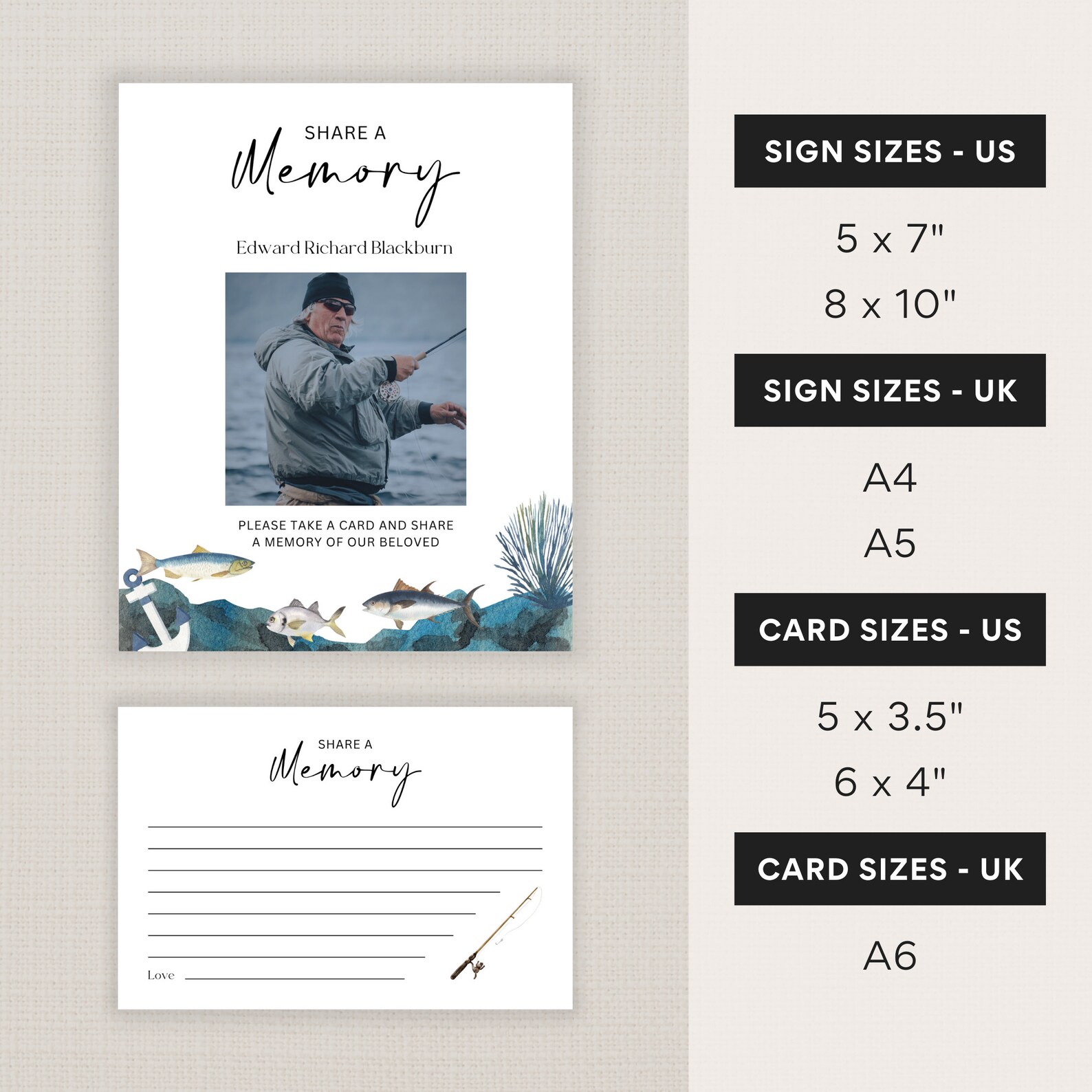 Fishing Funeral Share A Memory Sign and Card, Obituary Template for Man ...
