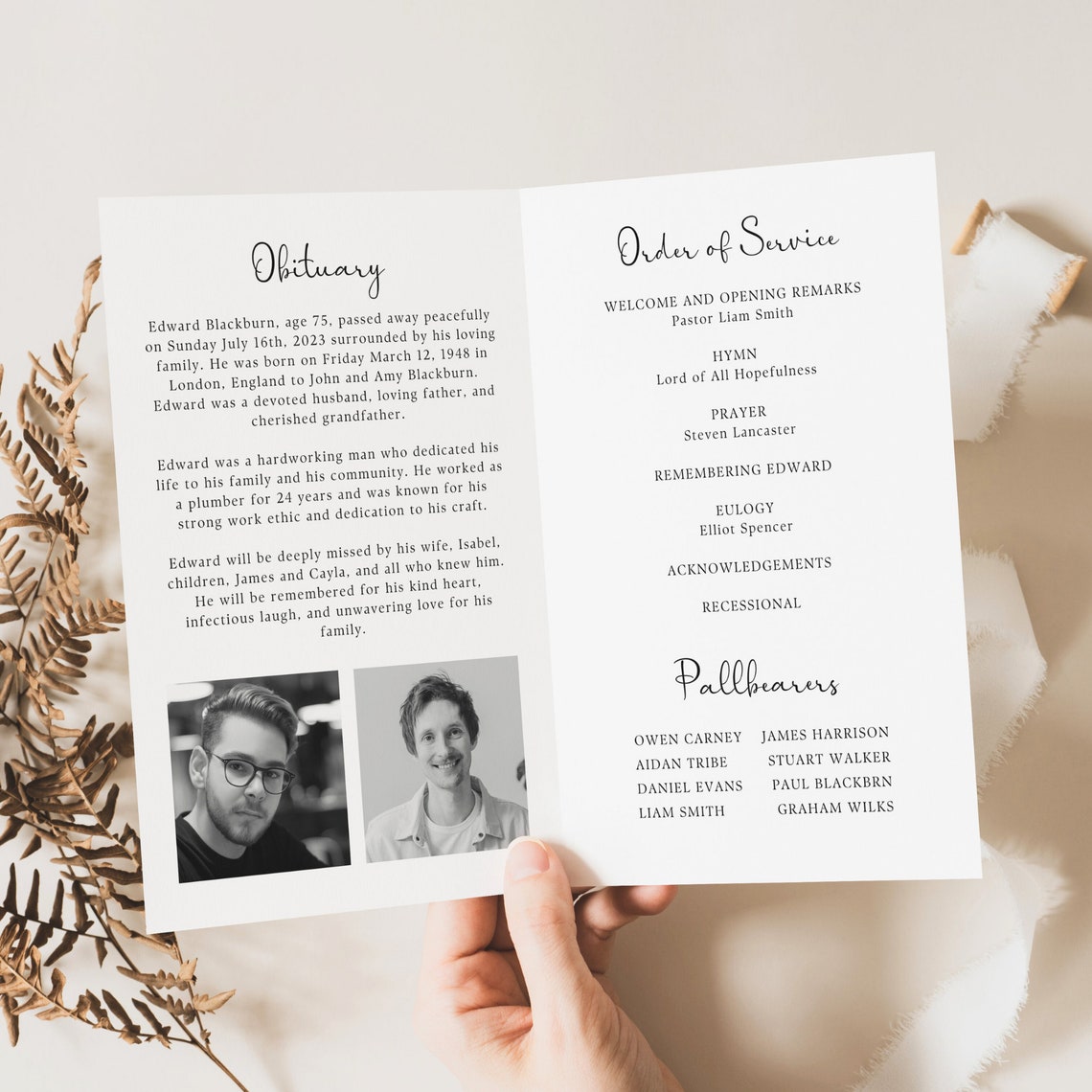 Minimalist Funeral Program Template, Memorial Booklet, Simple Obituary ...