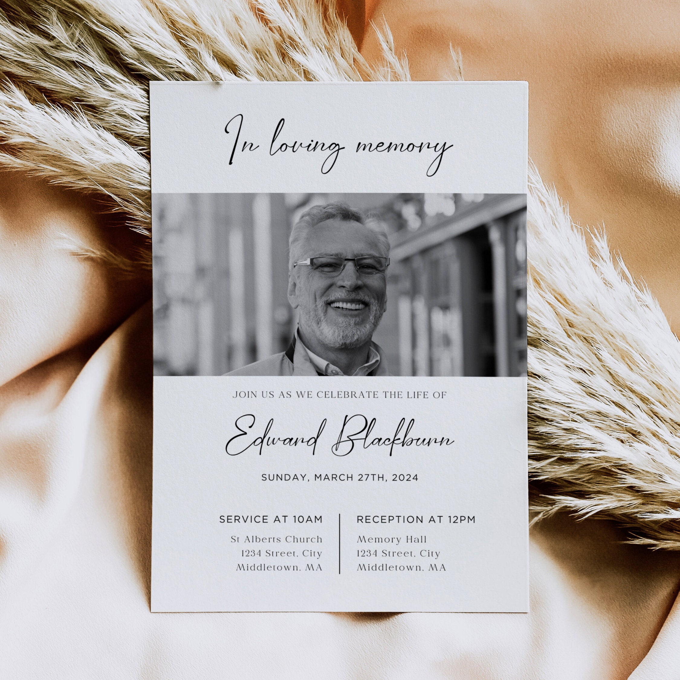 Minimal Funeral Announcement for Man, Memorial Invitation, Printable ...
