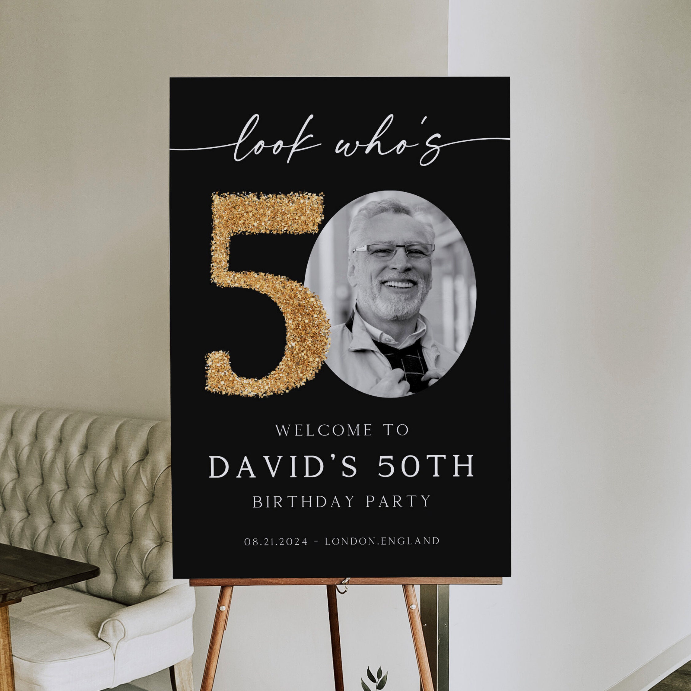 Gold 50th Birthday Celebration Poster for Male, Look Who's Fifty, Black ...