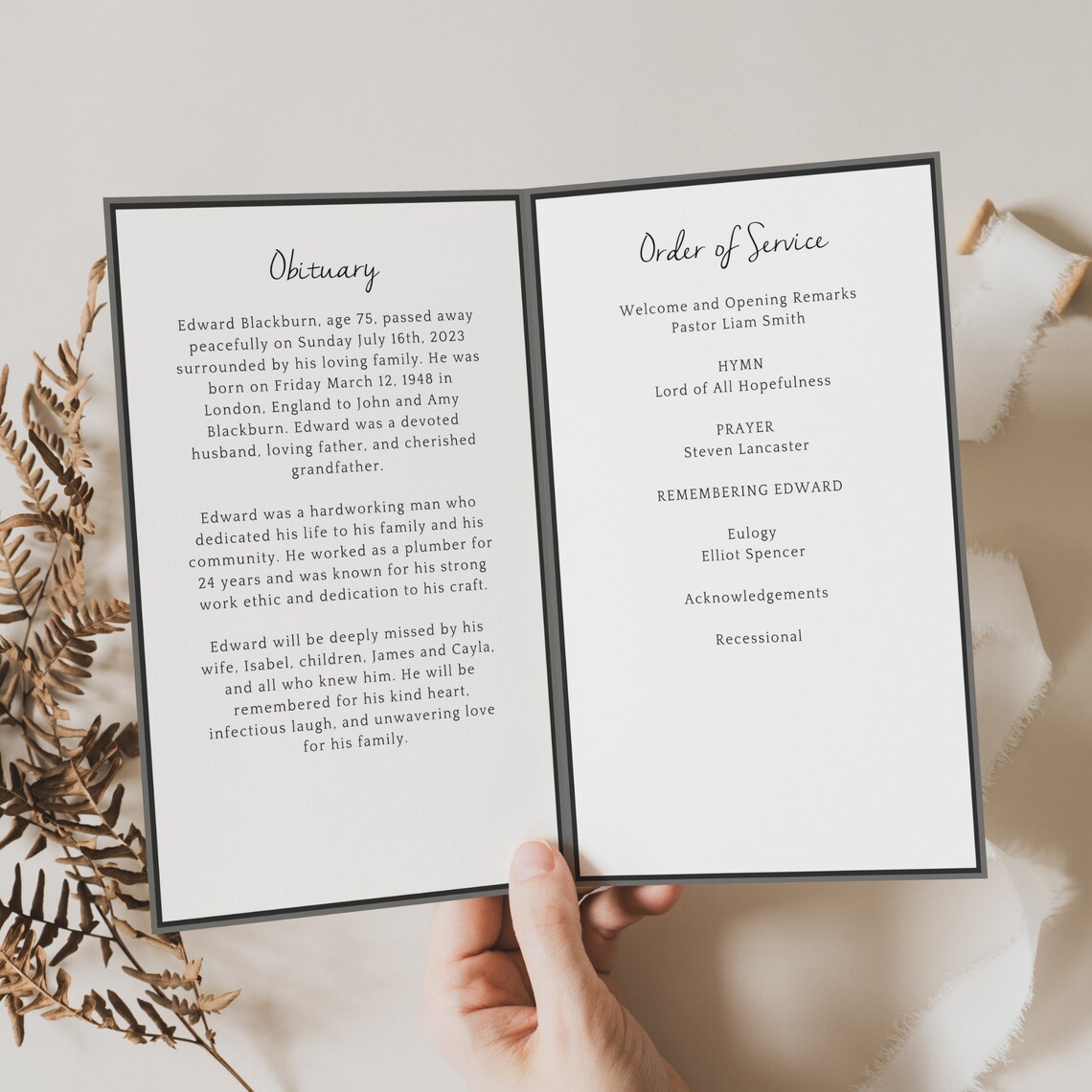 Masculine Funeral Program Template for Man, Bifold Funeral Program ...