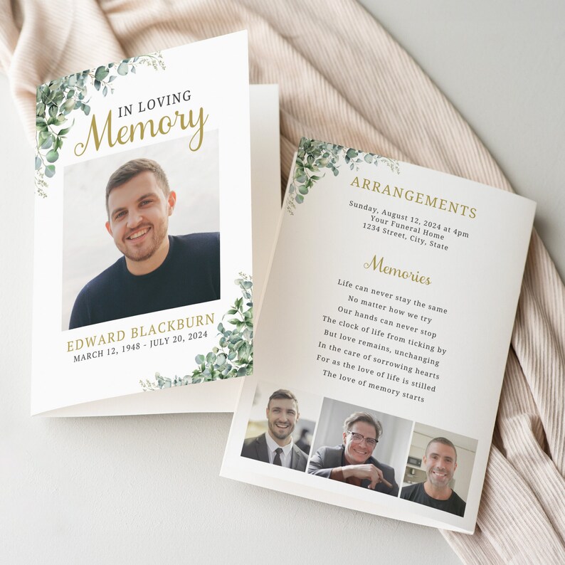 Floral Funeral Program Template for Man, Memorial Service Brochure ...