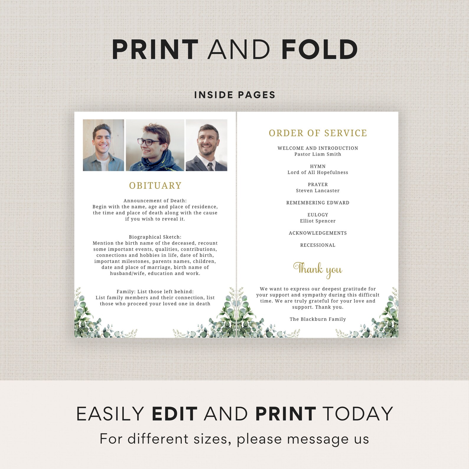 Floral Funeral Program Template for Man, Memorial Service Brochure ...