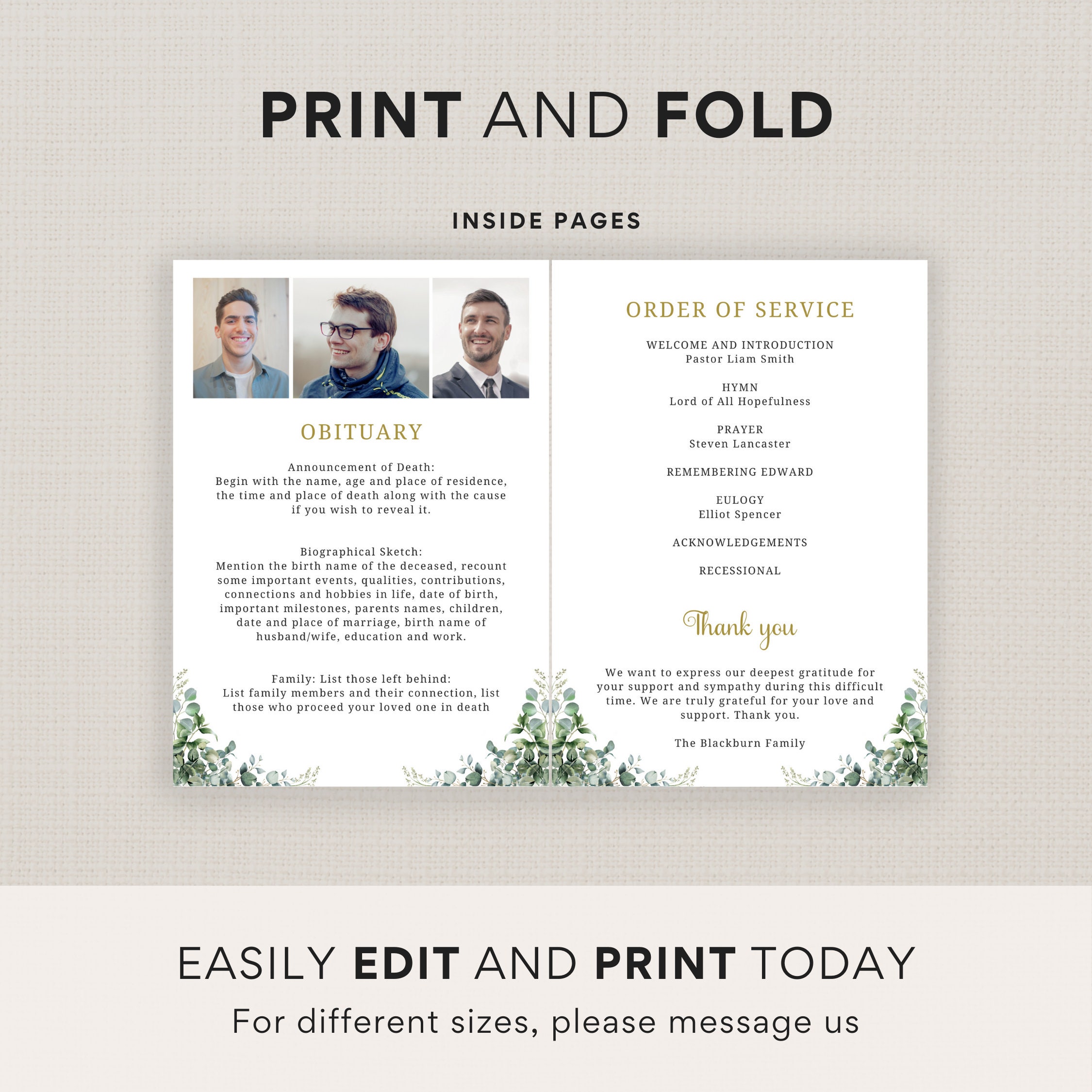 Floral Funeral Program Template for Man, Memorial Service Brochure ...