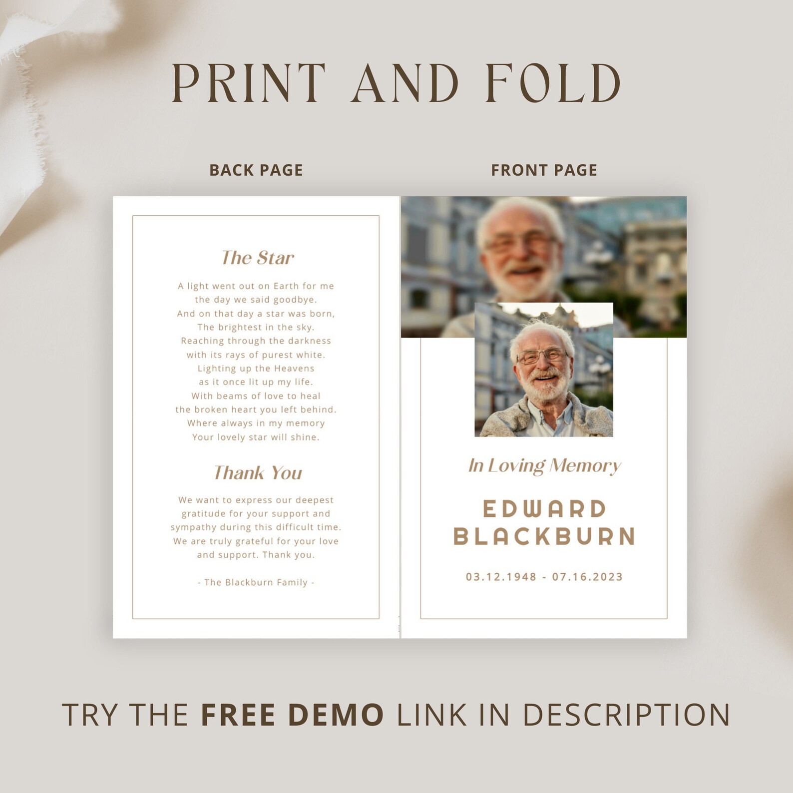 Bifold Funeral Program Template Editable Order of Service Memorial ...