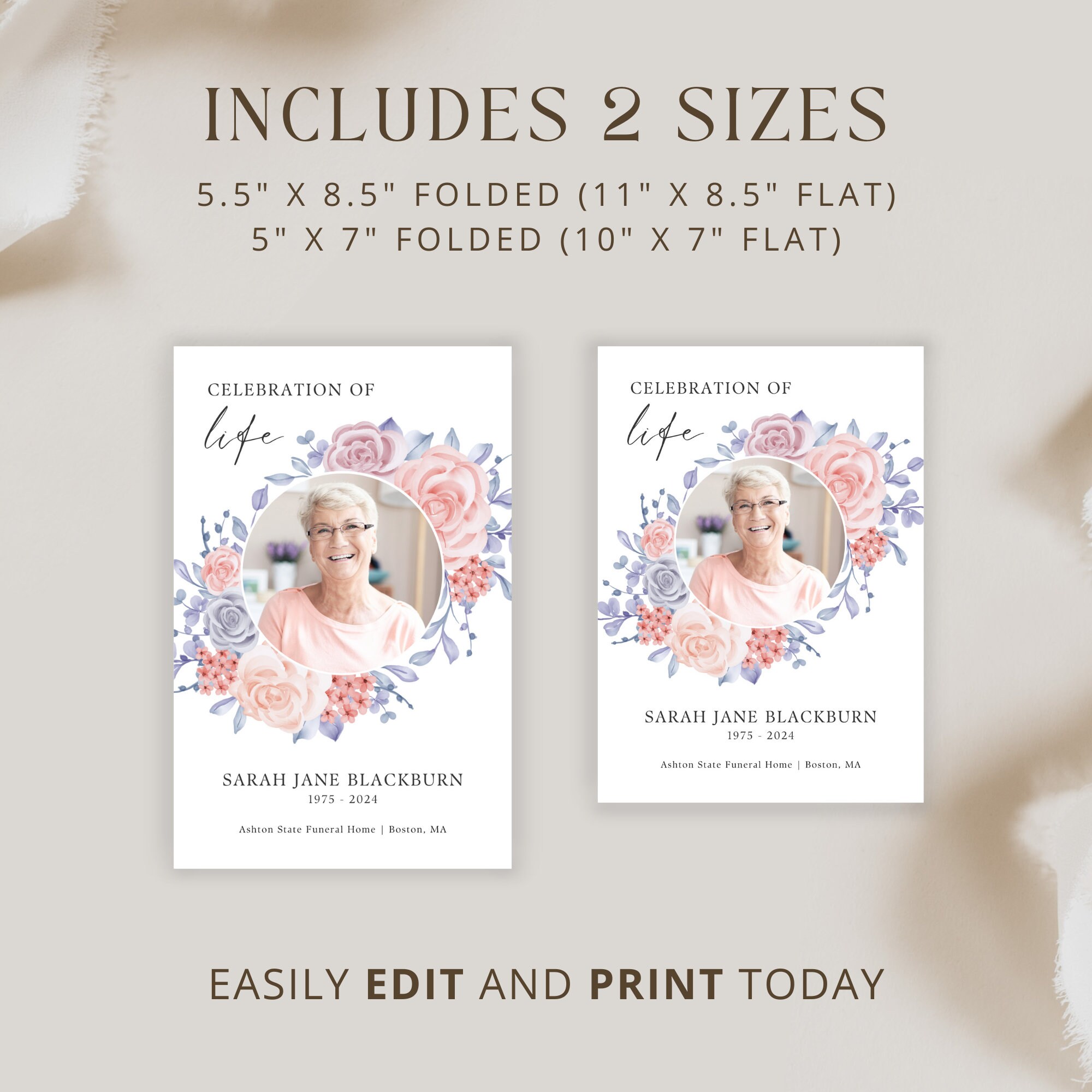 Blush Obituary Template for Woman, Floral Funeral Program, Roses ...