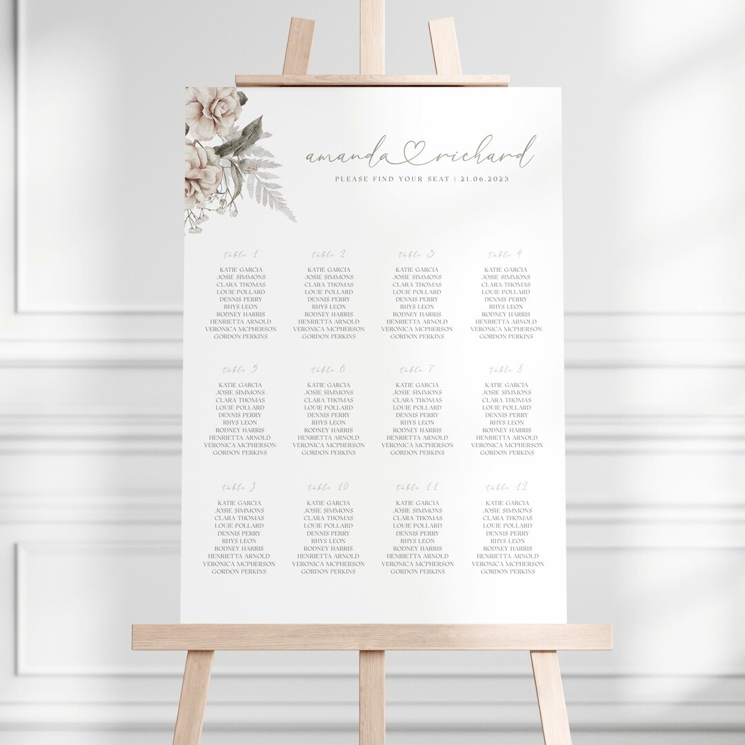 Editable Bohemian Seating Chart, Boho Wedding Guest Arrangement, Pampas ...