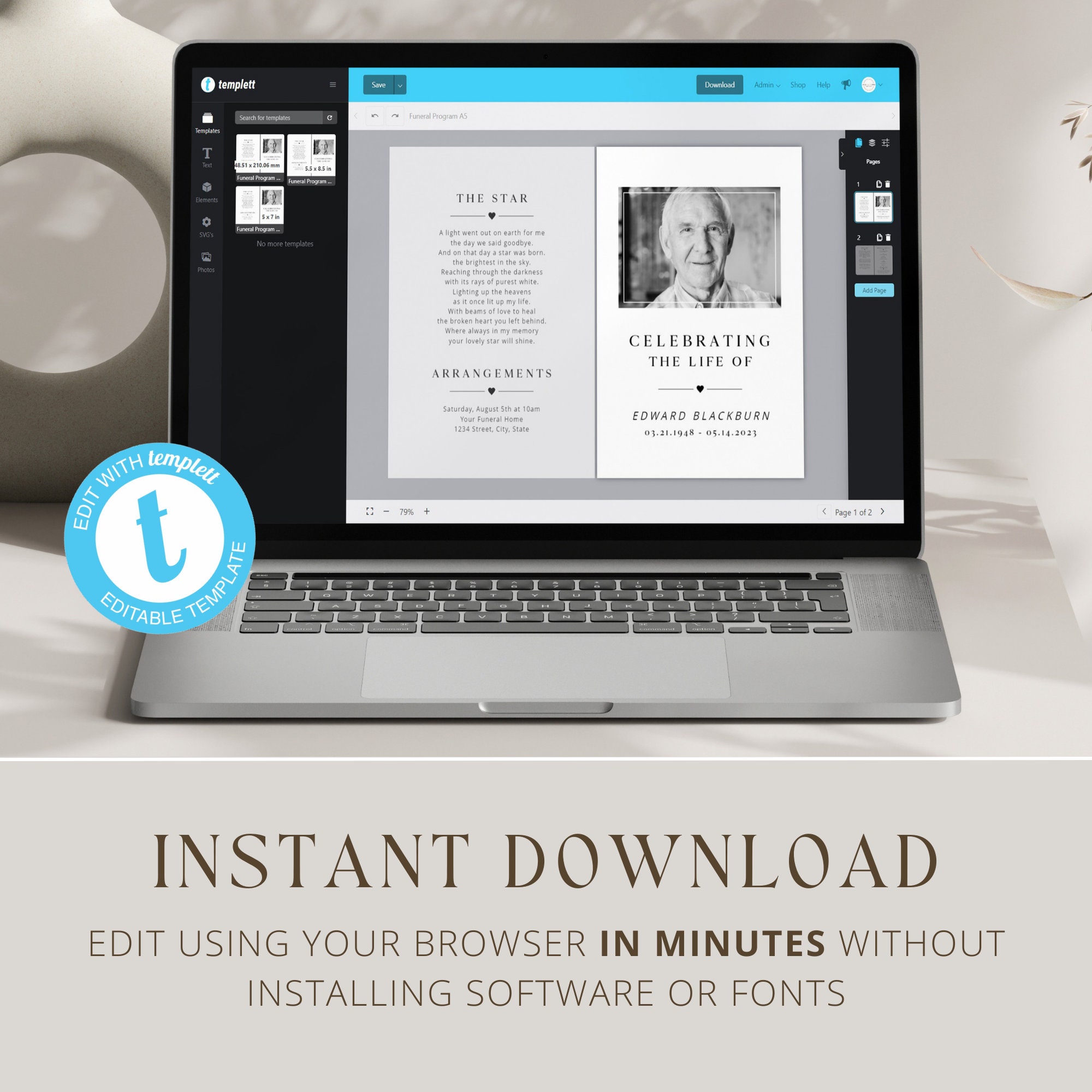 Simple Funeral Program Template, Memorial Brochure, Minimal Order of ...