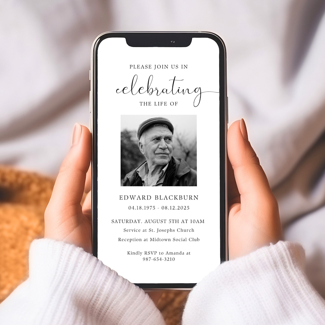 Minimal Funeral Invite, Electronic Memorial Invitation, Editable Photo ...