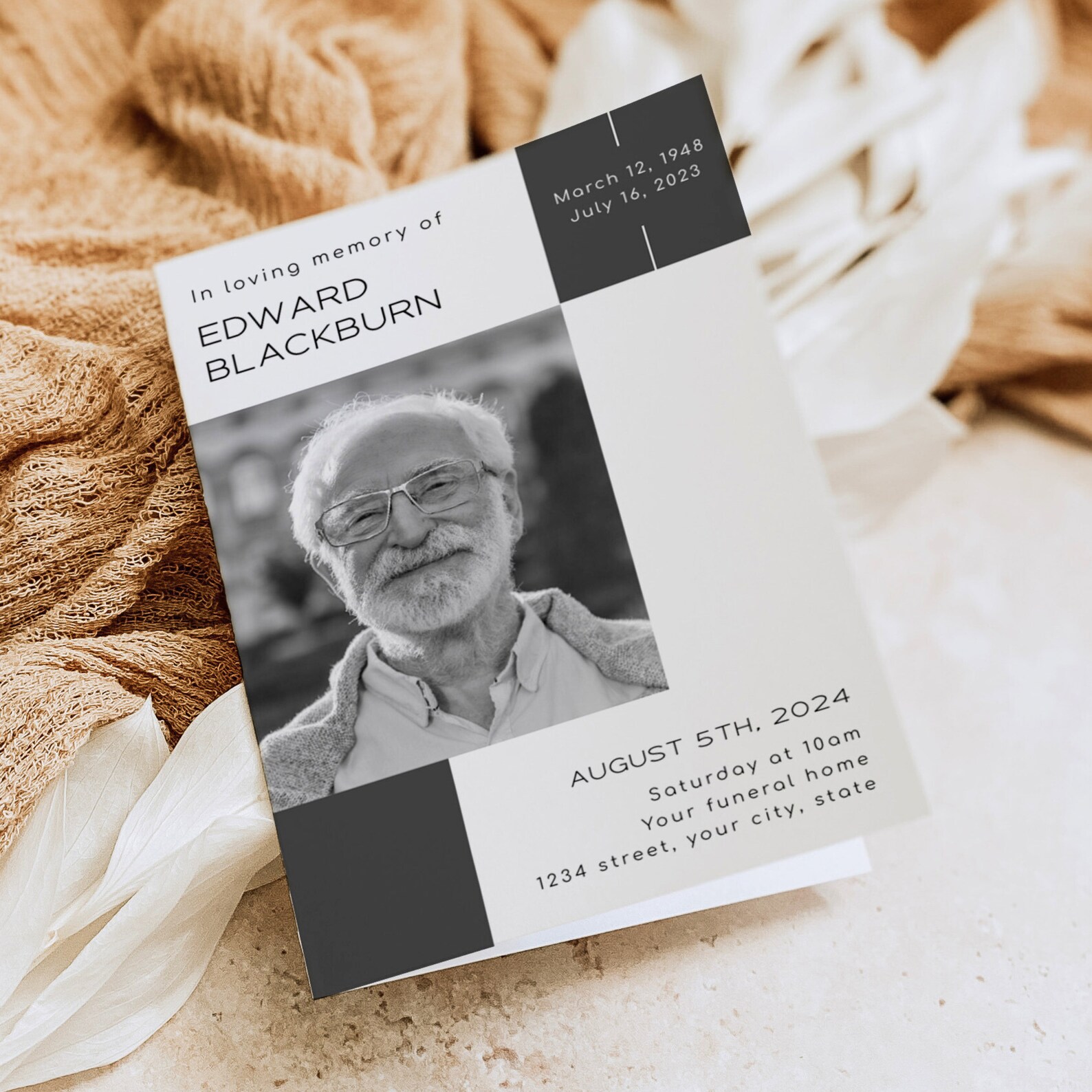 Funeral Program Template for Man With Photo, Masculine Order of Service ...