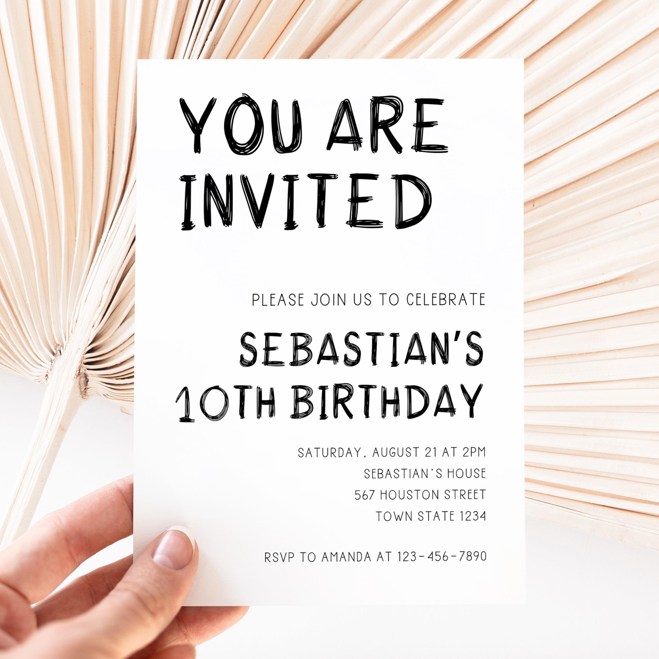Minimal Birthday Party Invitation Template, Black and White Invite ...