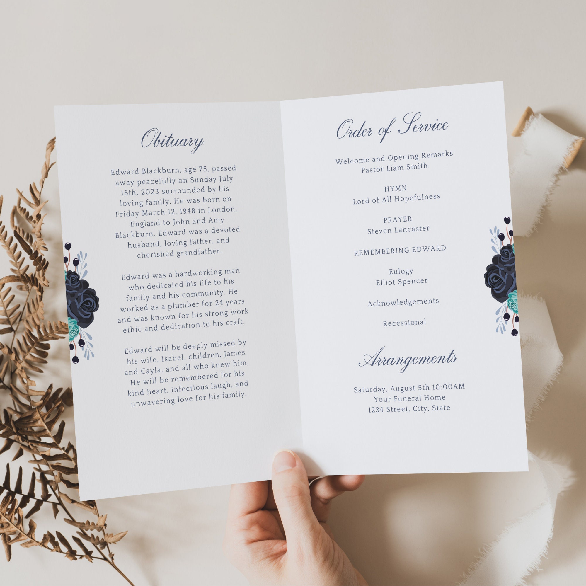 Funeral Program Template for Man, Funeral Pamphlet, Memorial Service ...